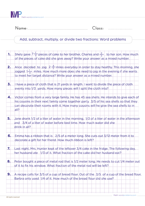 Adding Subtracting Multiplying And Dividing Fractions Word Problems